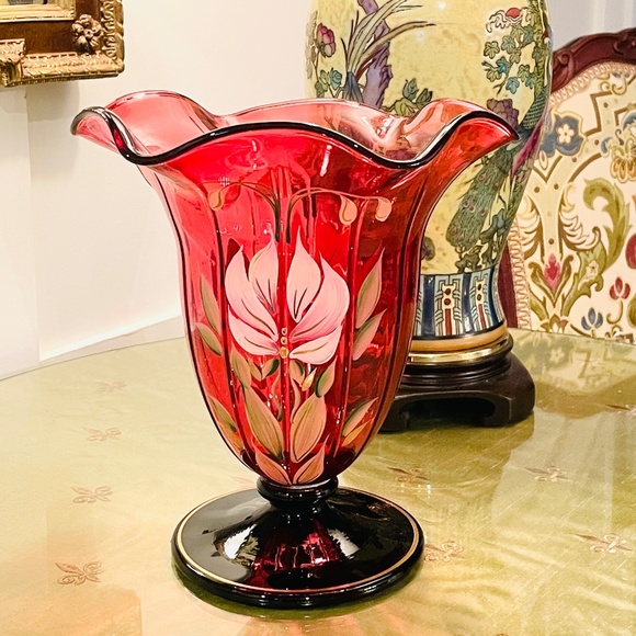 Fenton | Art | Fenton Red Cranberry Splendor Floral Handpainted Art ...